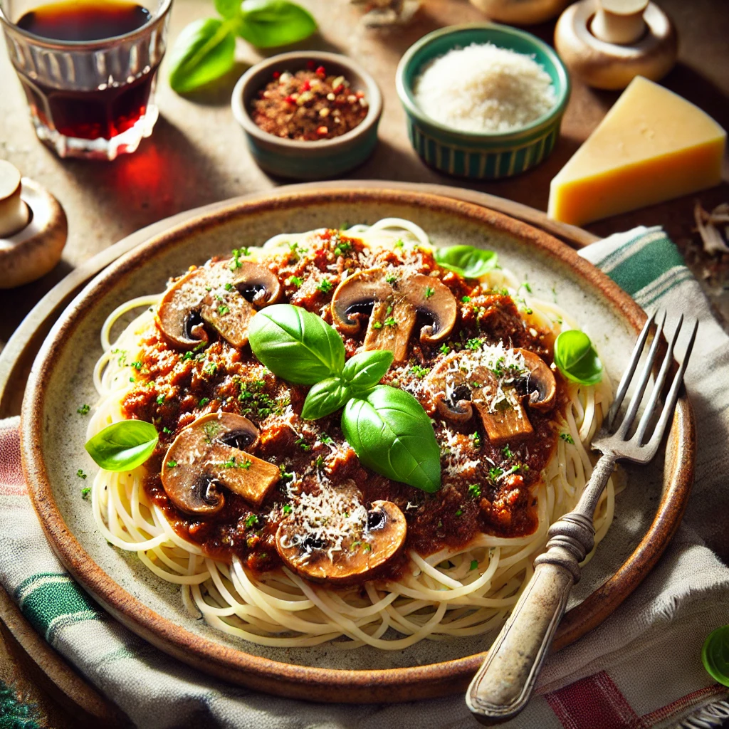 Champignons alla Bolognese met Spaghetti-Receptenplein.nl