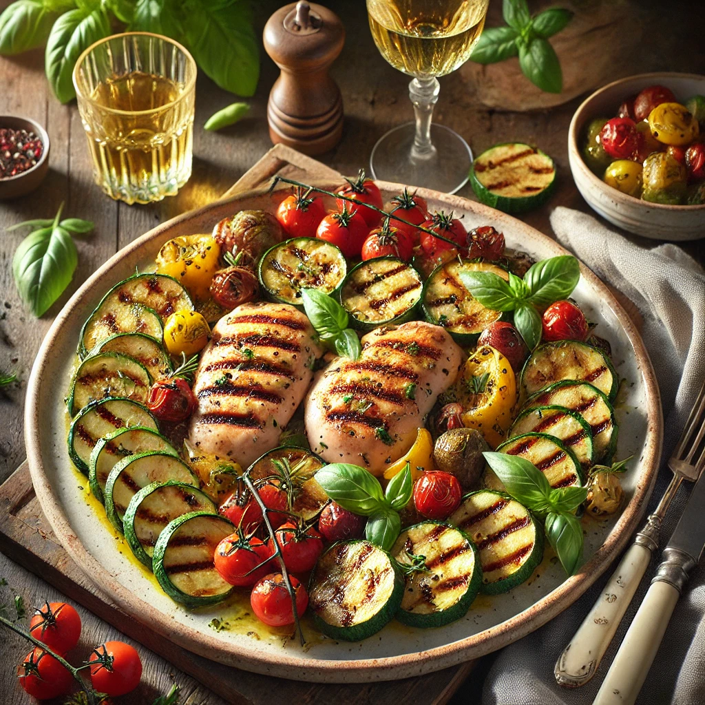 Zomerse kip-courgettespiezen met gepofte aardappel en bonenschotel ...