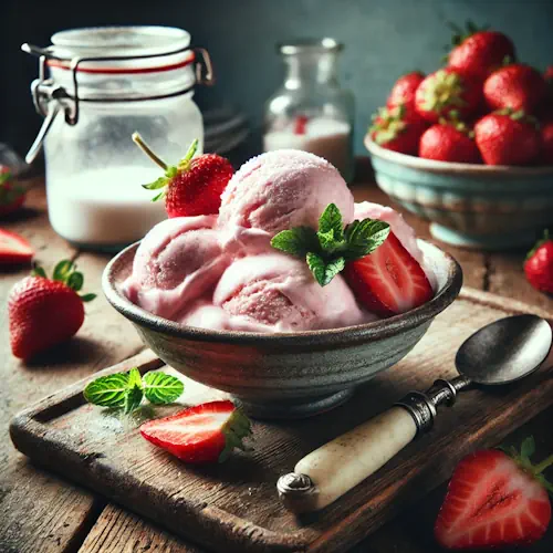 Aardbeienijs Mousse: recept voor romig fruitijs met suikerstroop.