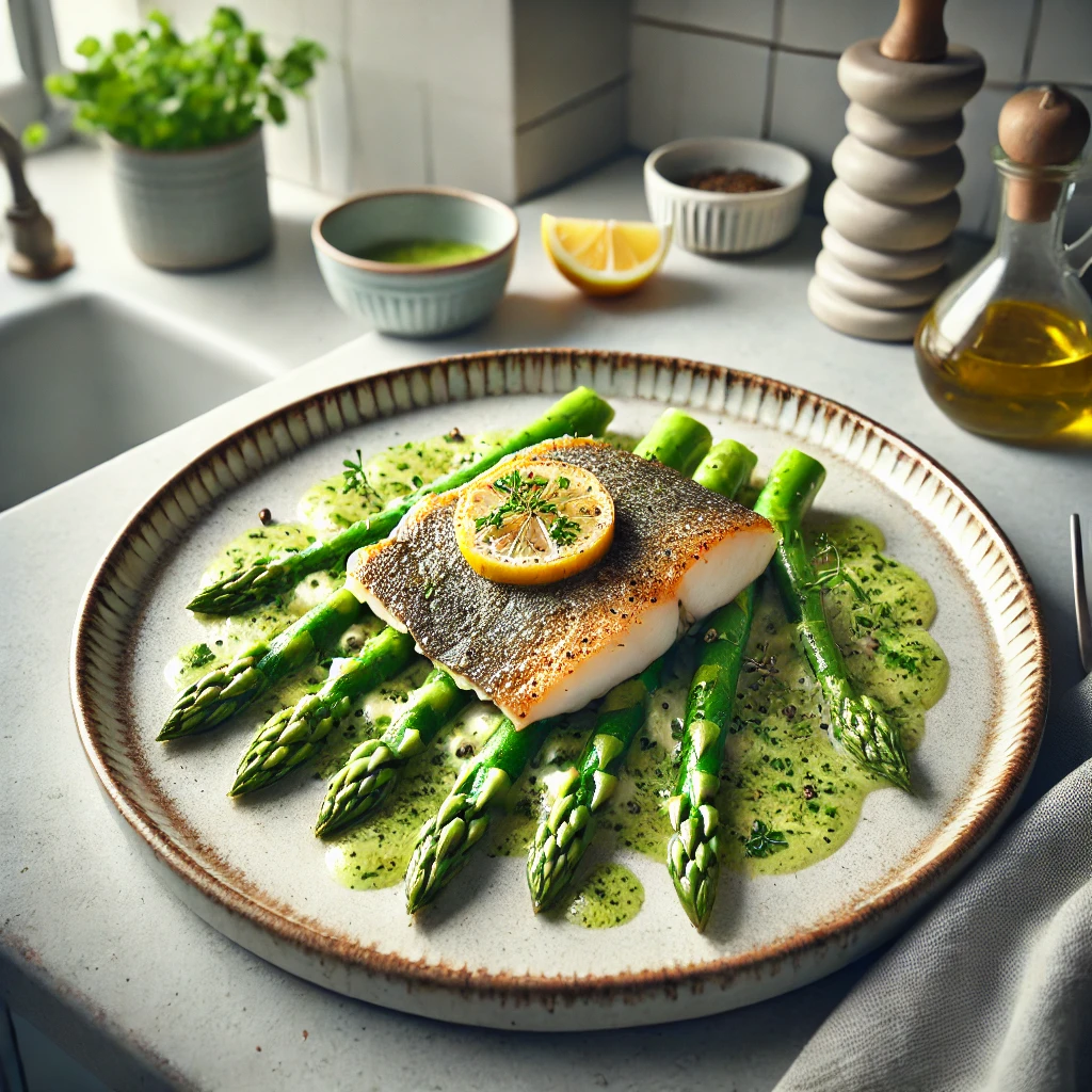 Gegrilde Victoriabaars met Ragout van Groene Asperges